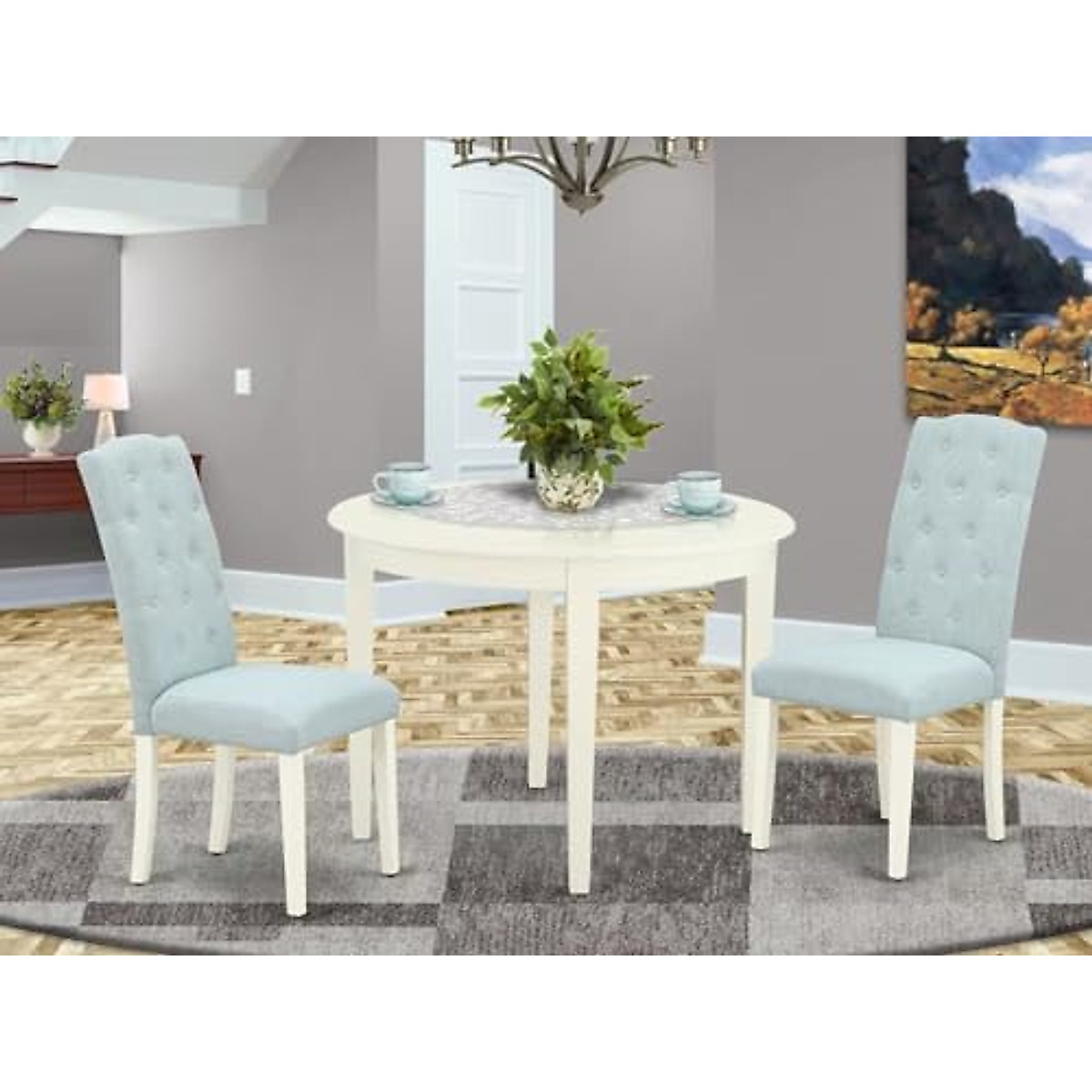 East West Furniture BOCE3-WHI-15 3 Piece Dining Table Set for Small Spaces Contains a Round Kitchen Table and 2 Baby Blue Linen Fabric Parson Dining Room Chairs, 42x42 Inch, Linen White