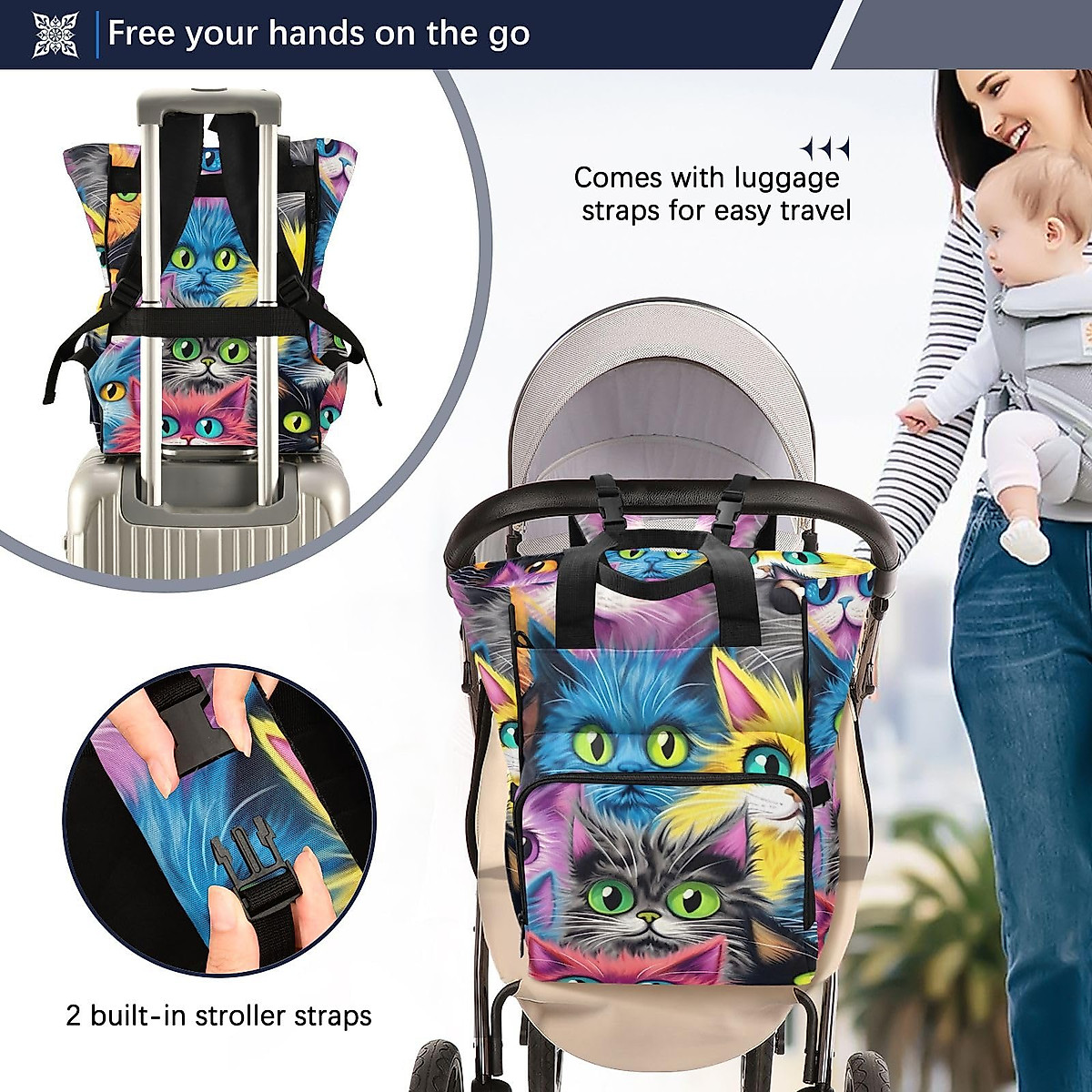xigua Cute Cats Diaper Bag Backpack Multi Function Baby Changing Bags Waterproof Large Capacity Travel Back Pack for Mom Dad