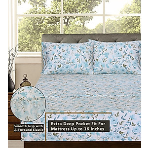 RUVANTI 100% Cotton Sheets for Queen Size Bed - Cooling Sateen Sheets - Breathable & Durable Queen Sheet Set - 16 Inches Deep Pocket Queen Size Sheets - Erica Floral - 4 Pieces