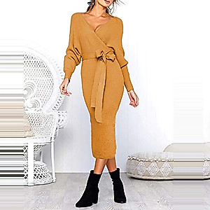 Fall Wedding Guest Dresses for Women Cream Dress for Women Knit Pullover Sweater Vestidos de Mujer sueltos Sexy Black Dress Long Sleeve Plus Size Dress for Women Sexy v-Neck Fashion XXL Maxi Dresses