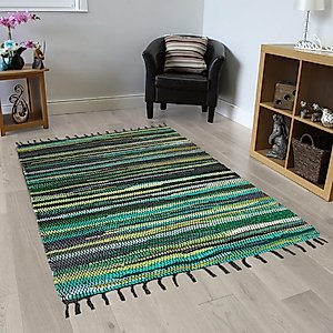 Comfy-co Handcrafted Area Rug Chindi Rug 3x5 ft - Hand-Woven Cotton Area Rag Rug - Reversible Floor Rug for Bedroom Living Room Kitchen Dorm Entryway Hallway - Chindi Area Rug Green Multi