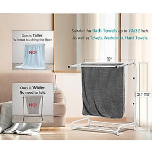 VSUINGO Freestanding Towel Rack, 32" L x 37.8" H for Oversized Bath Towels, Hand Towels Stand, Adjustable Height, 3-Tier Clothes Drying Holder with Storage Shelf for Bathroom, Aisle, Pool (White)
