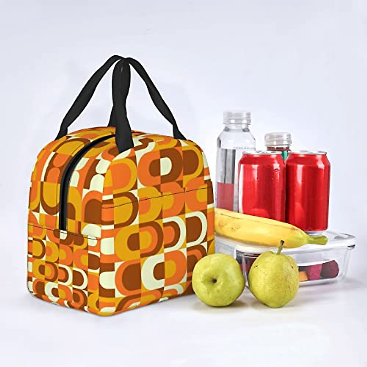 70s Pattern Retro Inustrial In Orange And Brown Tones Reusable Insulated Lunch Bag For Women Men Waterproof Tote Lunch Box Thermal Cooler Lunch Tote Bag For Work Office Travel Picnic
