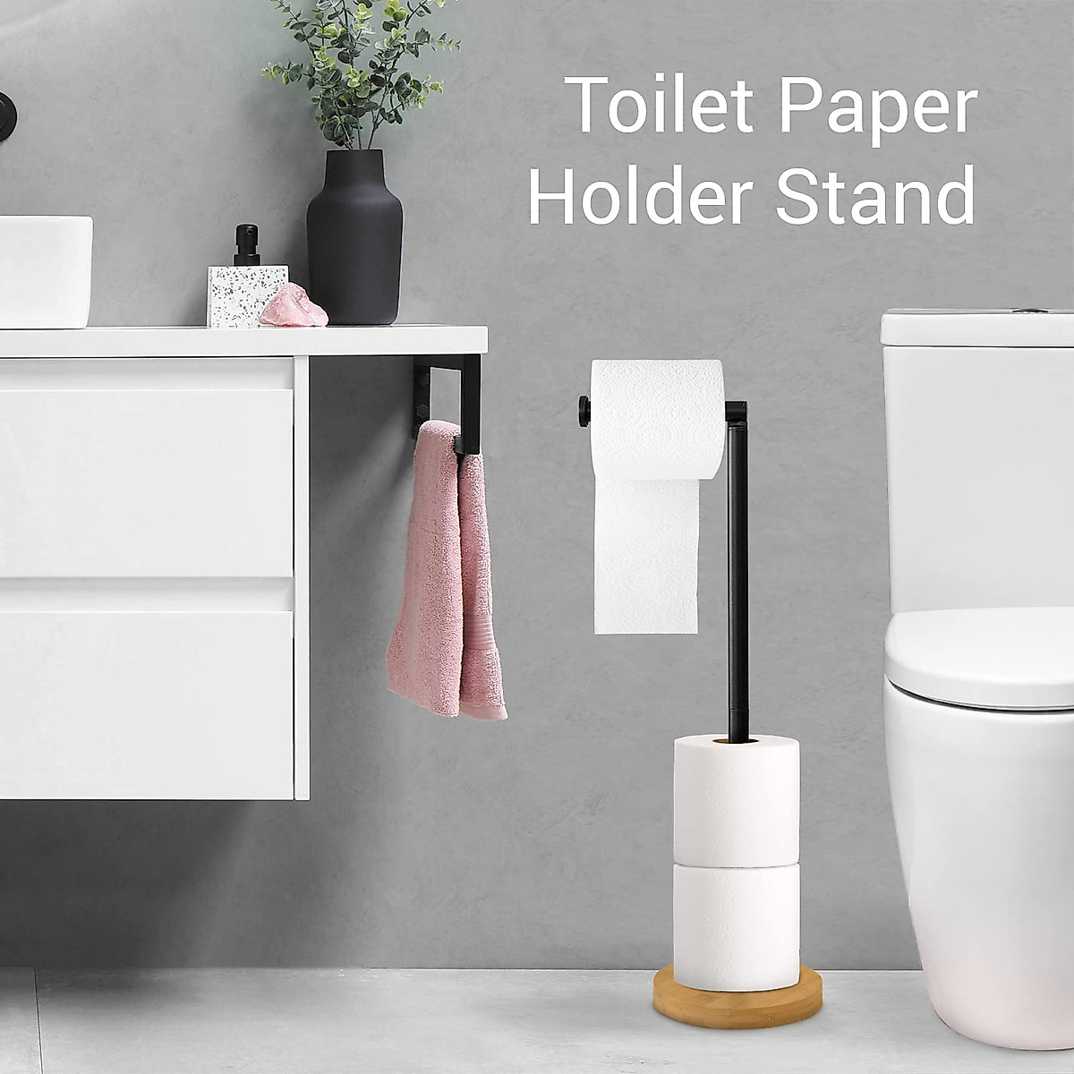 Toilet Paper Holder Stand, Modern Bamboo Base Free Standing Toilet Paper Holder with Storage, Sturdy Black Metal Stand with Weighted Base, Sleek and Decorative Freestanding Bathroom Toilet Roll Holder