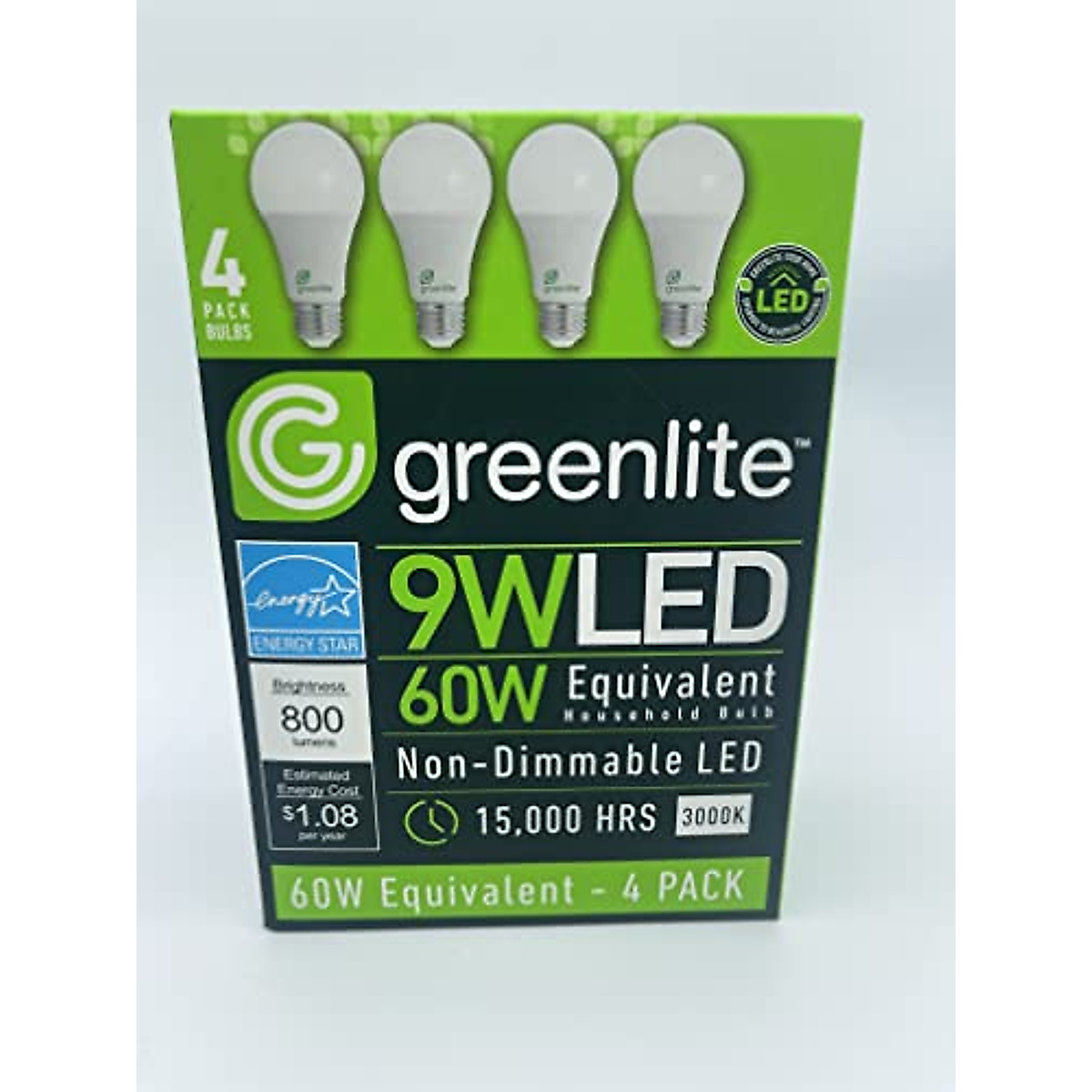 Greenlite 4 Pack 9W LED 60W Equivalent, Non-Dimmable Light Bulb