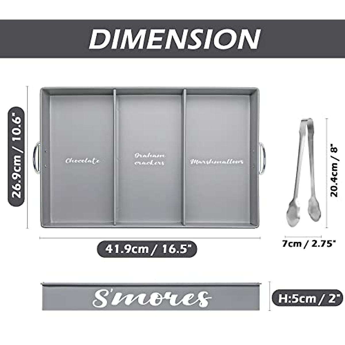 Webake Smores Tray with Food Tongs, Grey S'Mores Station Farmhouse S'Mores Bar Holder with Handles Rectangle Divided Metal Serving Tray