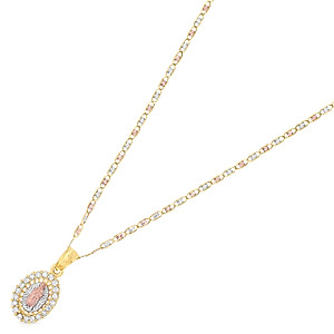 Ioka 14K Yellow Gold Our Lady of Guadalupe Cubic Zirconia CZ Charm Pendant with 1.5mm Valentino Chain Necklace - 18"