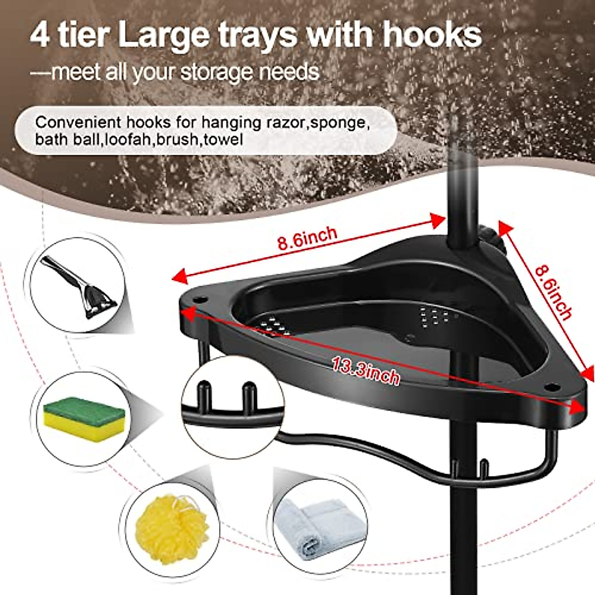 Corner Shower Caddy Tension Pole - Stainless Steel Rustproof Standing Shower Caddies Rack with 4 Tier Shelf for Bathroom Bathtub Organizer,54-114" Adjustable - Black