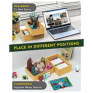 VenDotbi Bamboo Drawer Organizer Storage Box, Multi-Use Stackable Tray Drawer Organizer for Kitchen, Bathroom, Office Desk, Makeup, Jewelry-2Pack