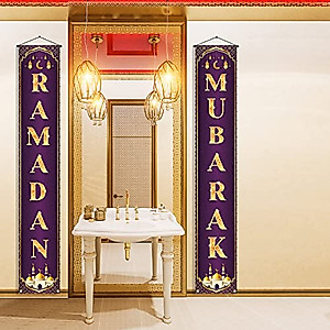 Ramadan Mubarak Decoration Banner Set Ramadan Kareem Porch Hanging Sign Islamic Eid Festival Celebration Welcome Wall Flag Muslim Party Decor (Purple)