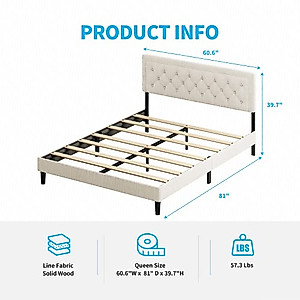 Mjkone Queen Size Bed Frame with Adjustable Headboard,Platform Bed Frame with Button Tufted Linen Fabric,Upholstered Bed with Strong Metal Frame/Wood Slats Support,Easy Assembly-Beige