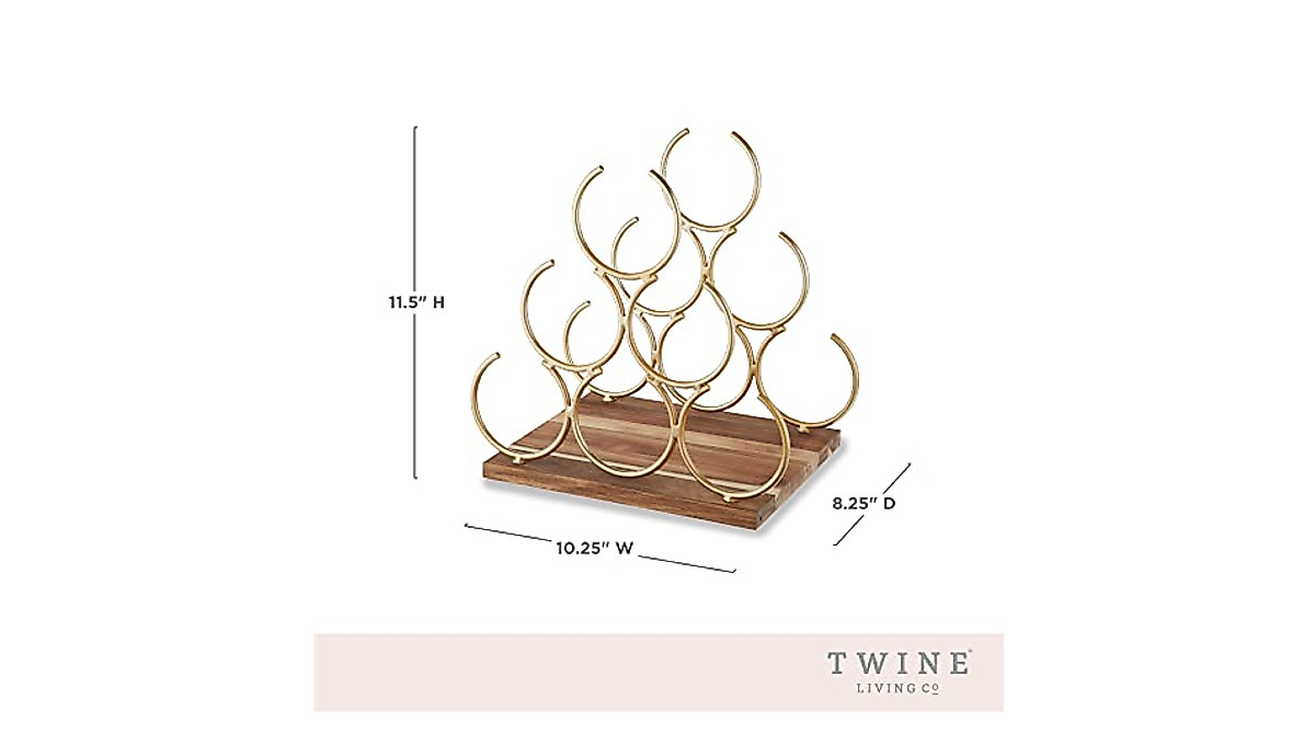 Twine Pyramid Wine Rack Holds 6 Bottles in Gold & Wood
