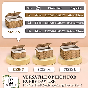 CAPHAUS Laundry Basket w/Lid, Synthetic Rattan Laundry Hamper w/Lid and Handles, 2 Removable Liner Bags, Foldable Clothes Hamper for Laundry, Large Storage Basket w/Lid, 65L, Grey