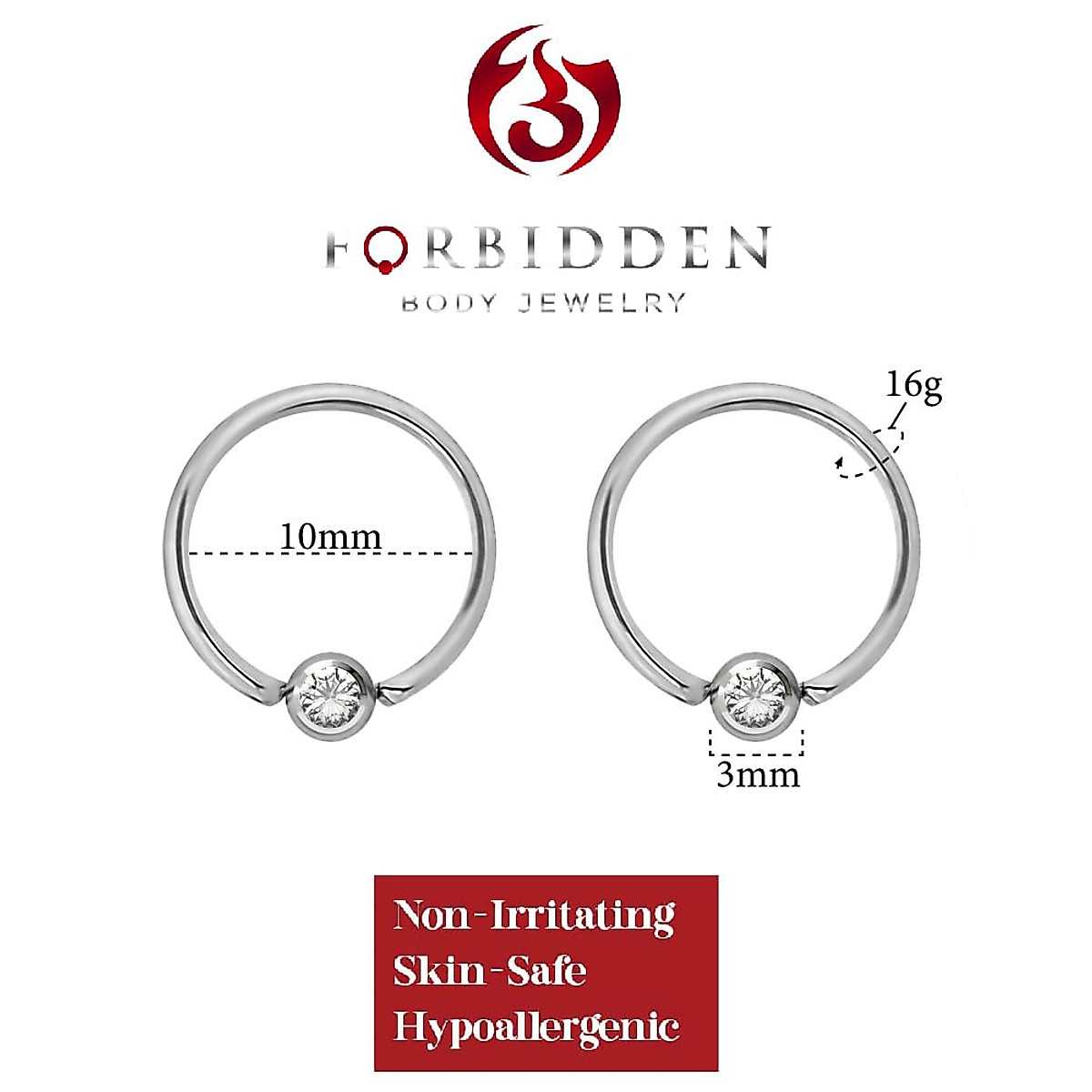 Forbidden Body Jewelry Pair of 16g 10mm Every-Day Surgical Steel Clear Jeweled Captive Bead Ring Body Piercing Hoops