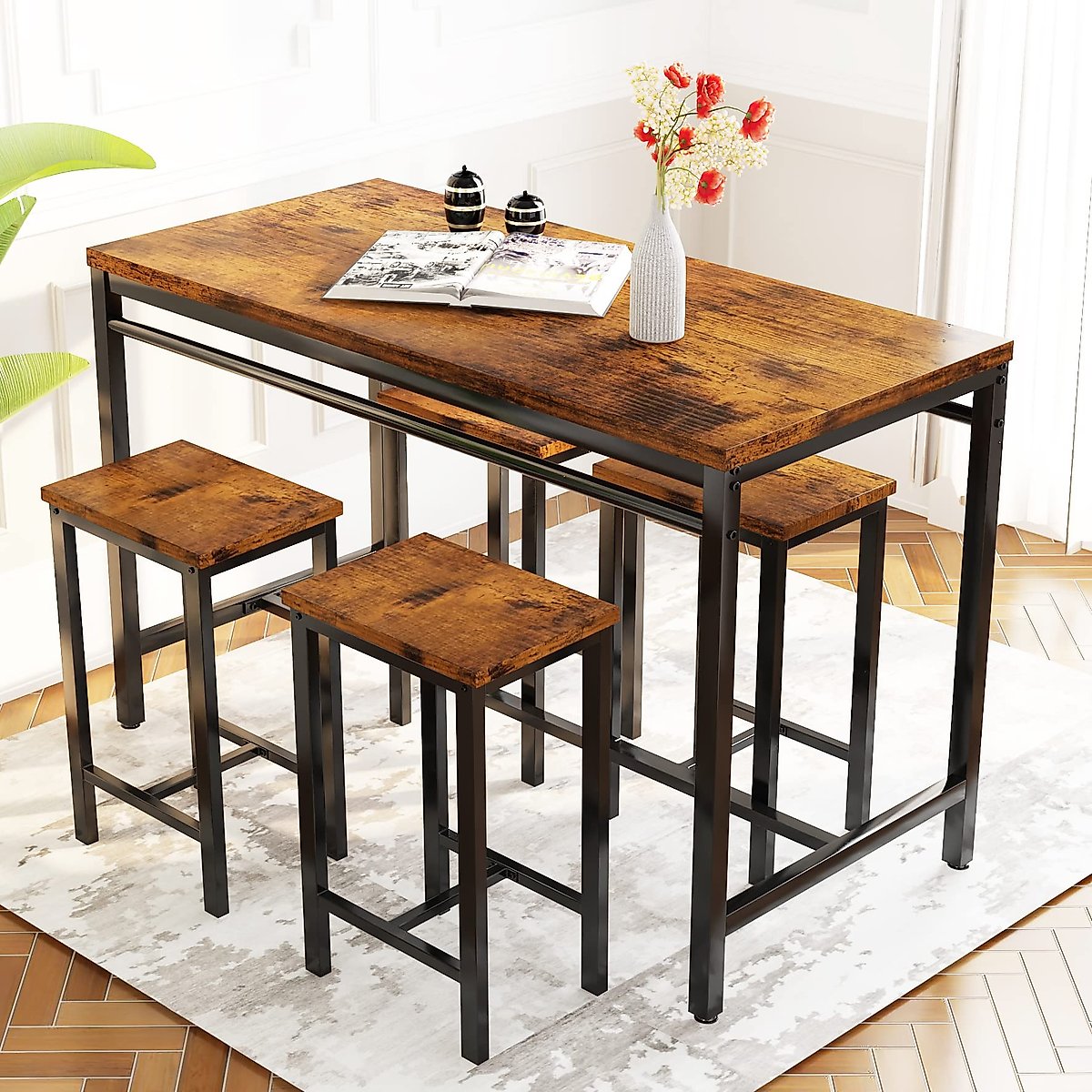 AWQM 5 Piece Bar Table Set, Modern Counter Height Dining Table and Chairs Set for 4, Wood Kitchen Table and 4 Bar Stools for Small Spaces, Apartment, Pub, Dining Room (Rustic Brown)