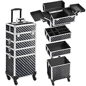 Yaheetech Professional Makeup Train Case 4 in 1 Cosmetic Trolley Nail Tech Travel Case Rolling Makeup Organizer Salon Barber Case with Wheels Hairstylist