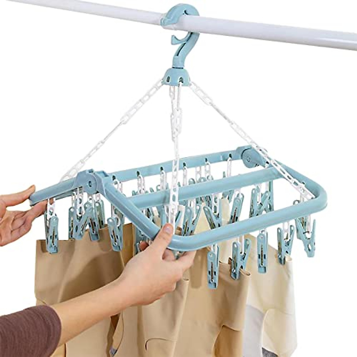 2 Pack Clothes Drying Hanger with 32 Clips, Clothes Drying Rack, Foldable Laundry Clip Hanger, Underwear Hangers for Drying, Drip Drying Rack for Drying Socks Lingerie Baby Clothes Towels Bras