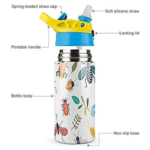 Stainless Steel Water Bottles Bright Insect Pattern Travel Water Cups with Handle And Silicone Straw Drinking Cup with Leak Proof Lid Thermo Travel Mug for Women Men