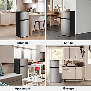 Upstreman 4.0 Cu.Ft. Small Refrigerator with Freezer, Dorm Essentials, Double Door, Mini Fridge for Office, Dorm, Bedroom, Adjustable Thermostat, Large Capacity, Stainless-SR401