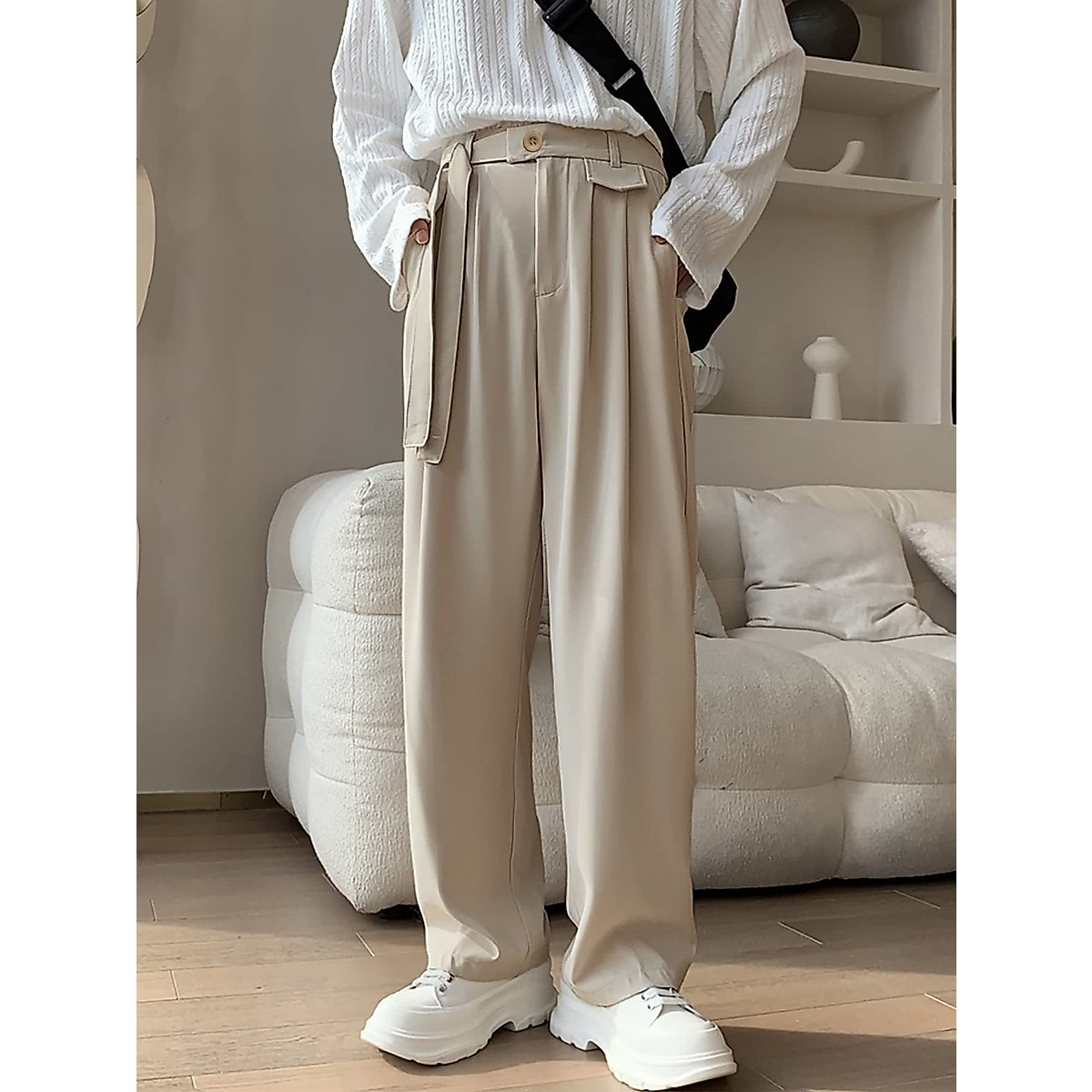 OYOANGLE Men's Fold Pleated Straight Wide Leg Suit Pants Business Casual Pants with Pocket Khaki Large