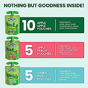 GoGo squeeZ Fruit on the Go Variety Pack, Apple, Peach & Gimme Five!, 3.2 oz (Pack of 20), Unsweetened Fruit Snacks for Kids, Gluten Free, Nut Free and Dairy Free, Recloseable Cap, BPA Free Pouches