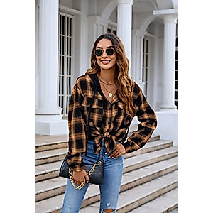 Blooming Jelly Women's Flannel Shirts Plaid Shacket Oversized Button Down Shirt Hooded Business Casual Blouses 2023 Fall Outfits (Yellow Plaid,Small)