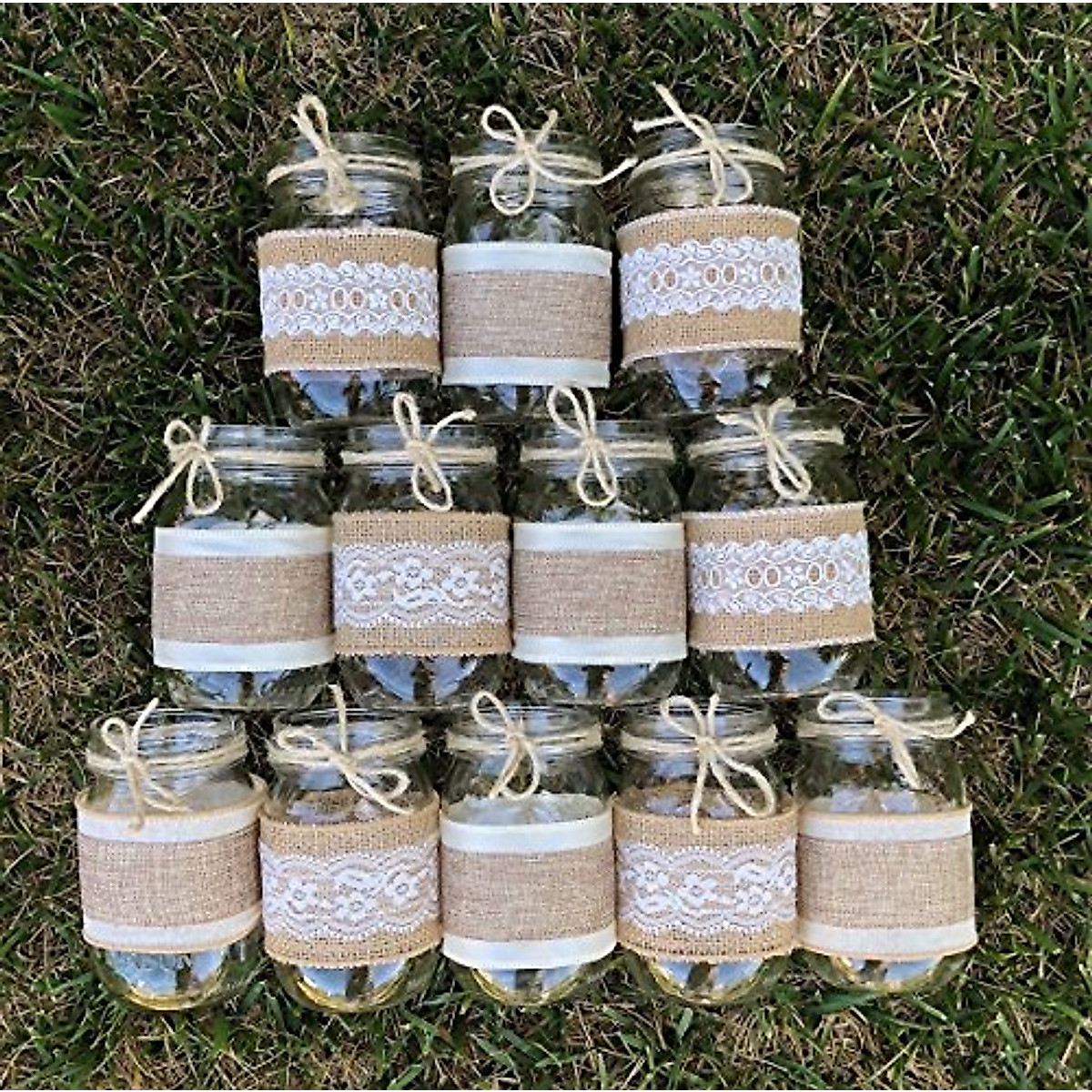 Set of 12 Burlap and Lace Sleeves for Mason Jars, Sleeves and Twine ONLY, Jars NOT Included, Burlap Mason Jar Wraps, Country Chic Wedding Centerpiece Decor for Tables, Mason Jar Centerpiece