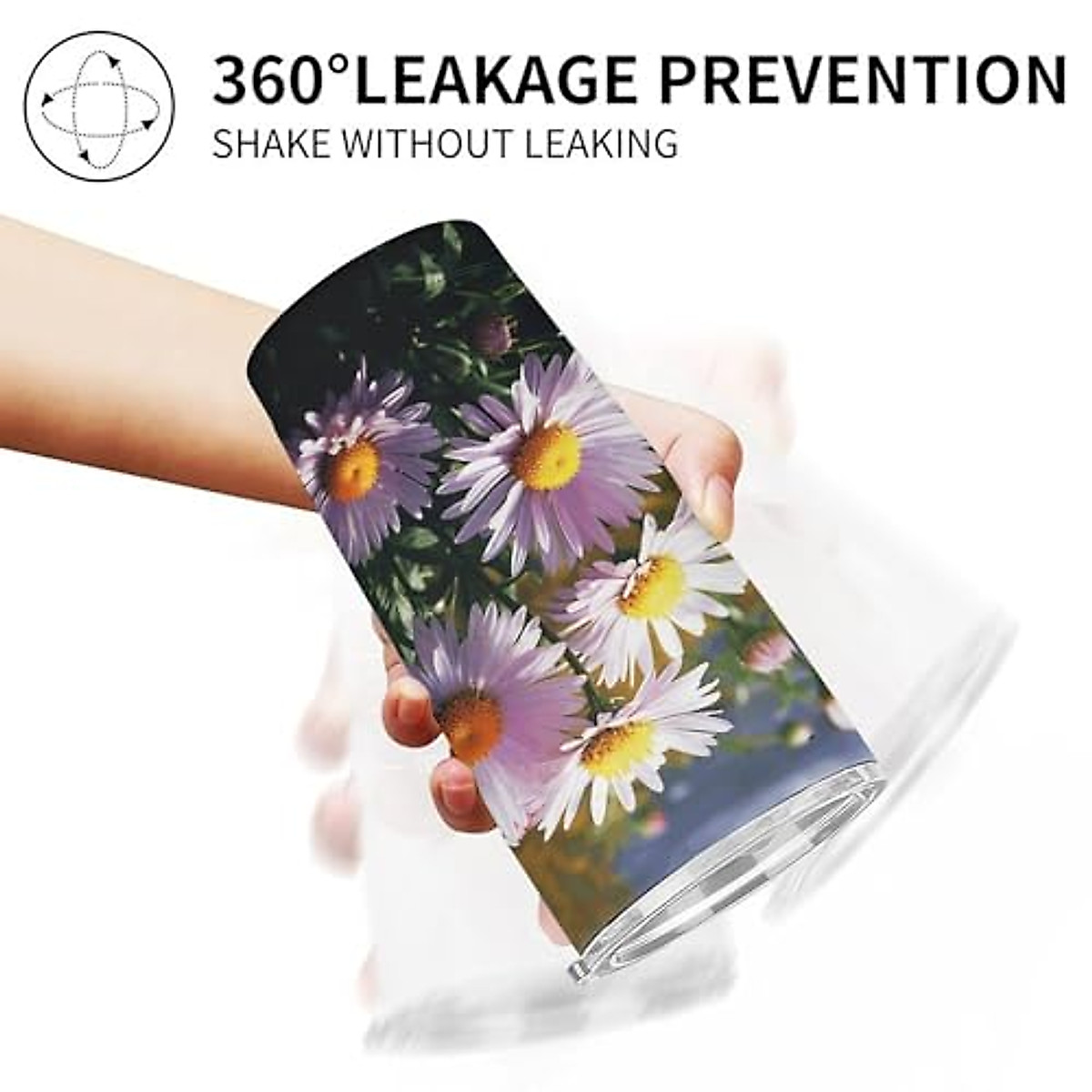 FHENMSA Stainless Steel Insulated Travel Coffee Mug,Daisy Plants Print Reusable Car Cup,Thermal Cup for Outdoor with Straw And Lid