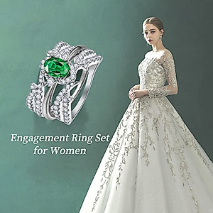 Yaresul 3pcs Silver Cubic Zirconia Wedding Ring Set for Women 5 * 8mm 925 Sterling Silver Green Created Emerald Ring Bridal Set Size 7