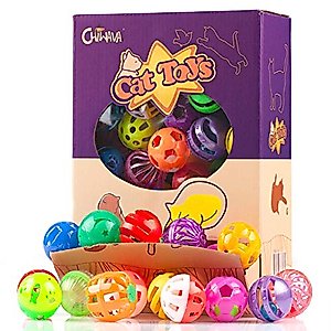 CHIWAVA 48 Pack Plastic Noisy Cat Toy Balls with Bell Kitten Chase Toy 8 Types Assorted Color Size
