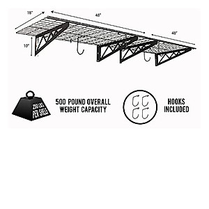 SafeRacks Wall Shelves - 2 Pk 18"x48" Wall Mountable Shelving Unit for Storage Rack, Pantry Shelves, Utility Shelving, Heavy Duty Shelves w/ 4 Versatile Accessory Hooks, 500lbs Capacity, Hammertone