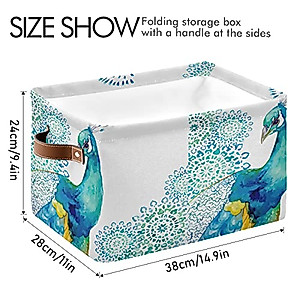 Blue Peacock Flower Square Storage Basket Storage Bins Canvas Storage Organizer Closet Shelf Organizer for Home Office, 1 Pc
