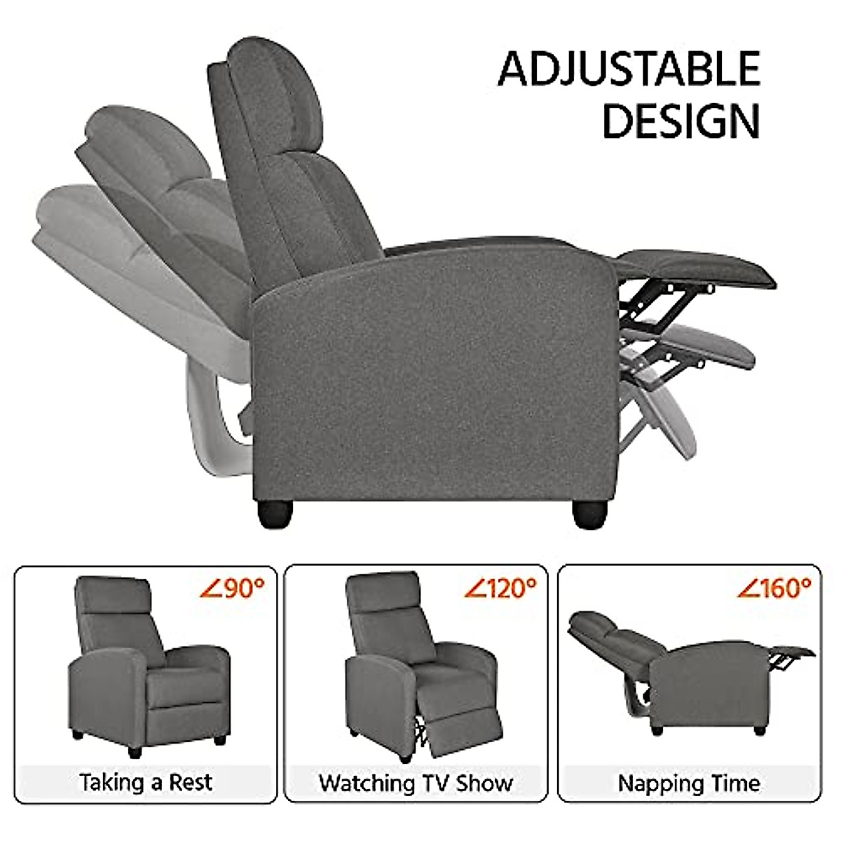 Yaheetech Fabric Recliner Chair Sofa Ergonomic Adjustable Single Sofa with Thicker Seat Cushion Modern Home Theater Seating for Living Room Matte Grey