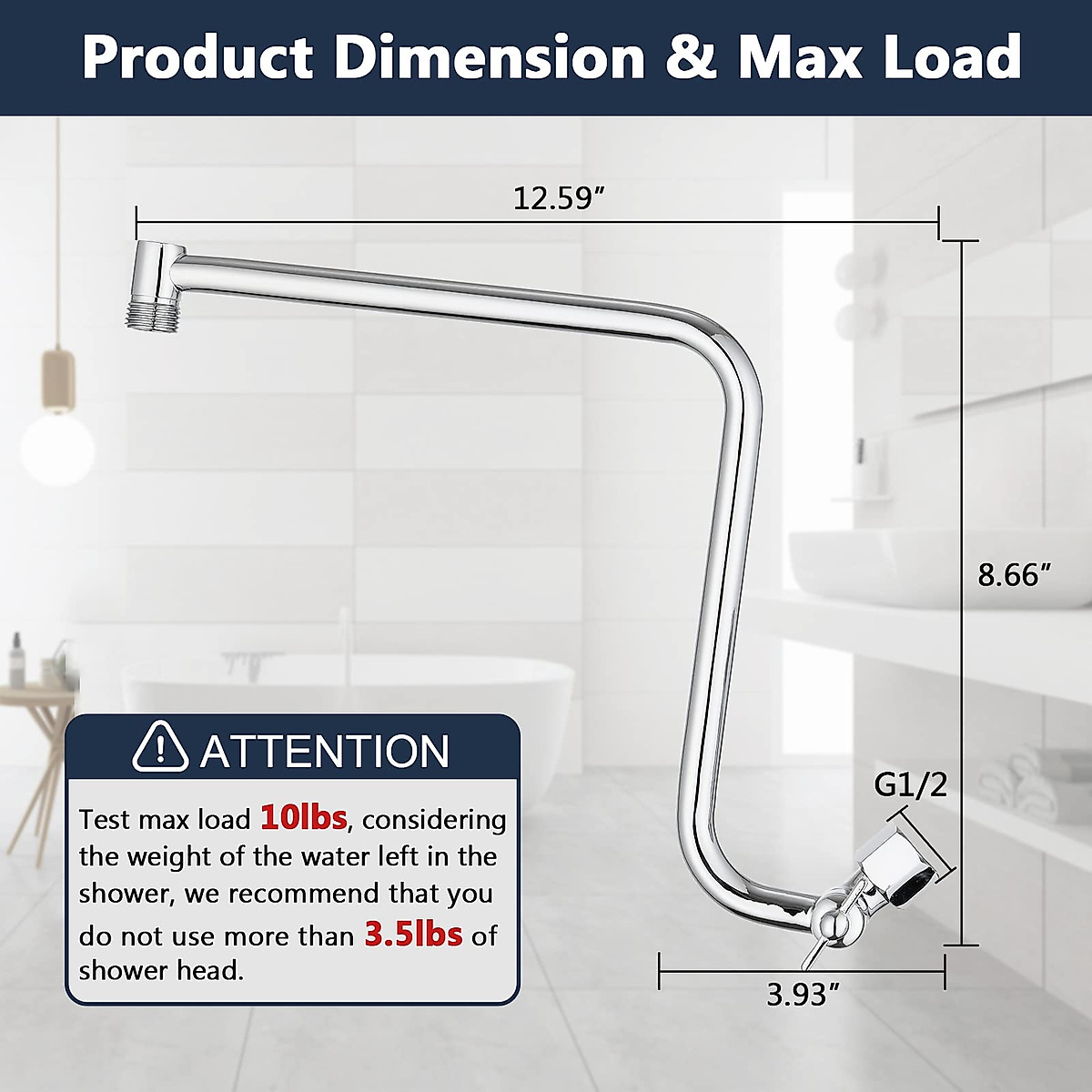PDPBath Shower Extension Arm, 12" Upgrade Solid Brass Shower Head Shower Head Extender, Adjustable Height Extended with G1/2 Universal Connection for Large Vertical Rainfall Shower Head - Chrome
