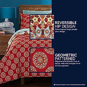 Chic Home CS5045-AN 10 Piece Aberdeen Large Scale Paisley Bohemian Reversible Printed with Embroidered Details. Queen Bed in a Bag Comforter Set Red