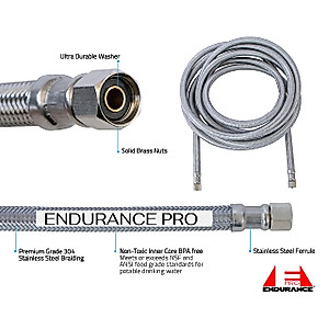 Endurance Pro 10 Foot Universal Ice Maker Flexible Braided Stainless Steel Water Supply Hose Connector Connection, 1/4 x 1/4 Inch Compression Fittings (1, 10 Foot)