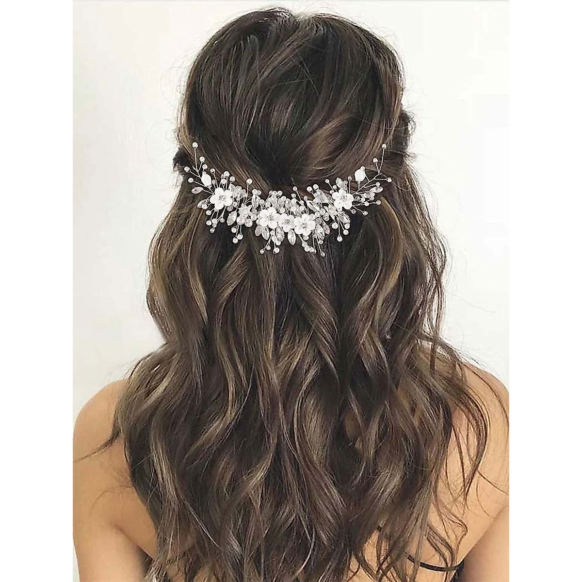 GORAIS Flower Bride Wedding Hair Vine Silver Rhinestone Bridal Headpiece Pearl Hair Piece Crystal Hair Accessories for Women and Girls