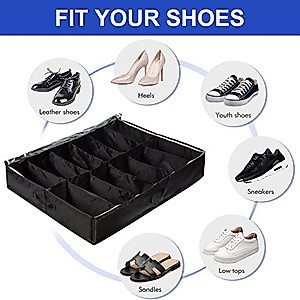 Surblue Under Bed Shoe Organizer Storage Bag with Transparent Skylight and Zippered,36 Pairs,Black 3 PCS