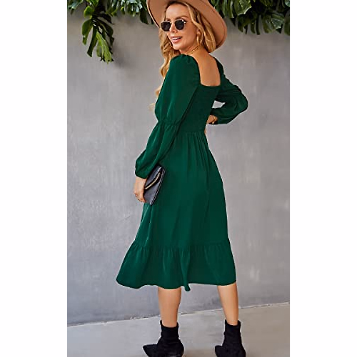 AOVDE Women's Square Neck 3/4 Sleeve Dress Solid Color High Waist Fall Dress Casual Party Flowy Midi Dress Green Small