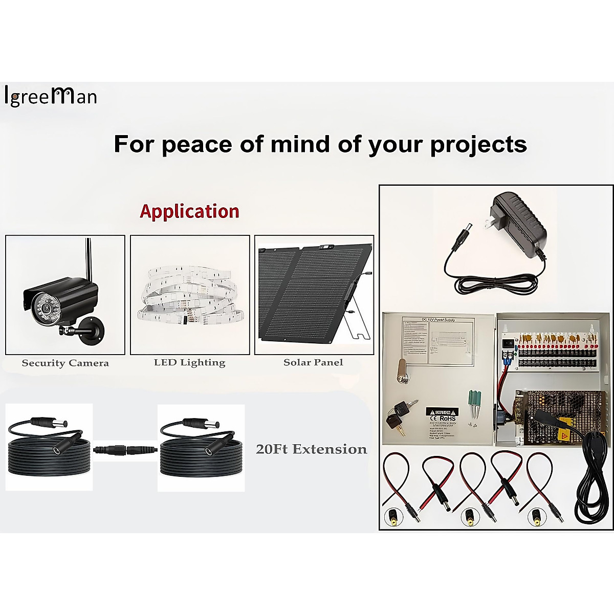 Igreeman DC Power Extension Cable, Male to Female DC Barrel Jack 5.5mm x2.1mm Extension Cord, 10ft 18AWG Pure Copper Wires, 2-Pack, 5-48V,5A:for CCTV Surveillance, Led Lighting, Solar Pannel and More