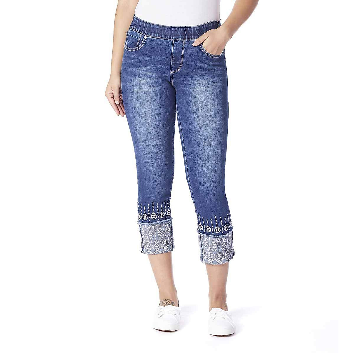 JAG Jeans Women's Lewis Straight Cuffed Pull on Crop with Embroidery, Kodiak Blue, 2