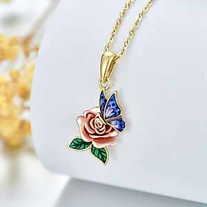 SISGEM 10K Real Gold Butterfly Rose Necklace for Women,Yellow/Rose Gold Rose Flower Pendant Necklace Dainty Rose Butterfly Jewelry Gifts for Birthday Christmas 16+1+1 inch (10K Gold-Yellow)