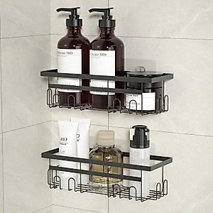 xlimeio Shower Caddy 2 Pack Bathroom Adhesive Shower Organizer Shelves for Inside Decor Stainless Steel Shower Storage No Drilling Shower Rack for Home Kitchen RV Accessories (Black)