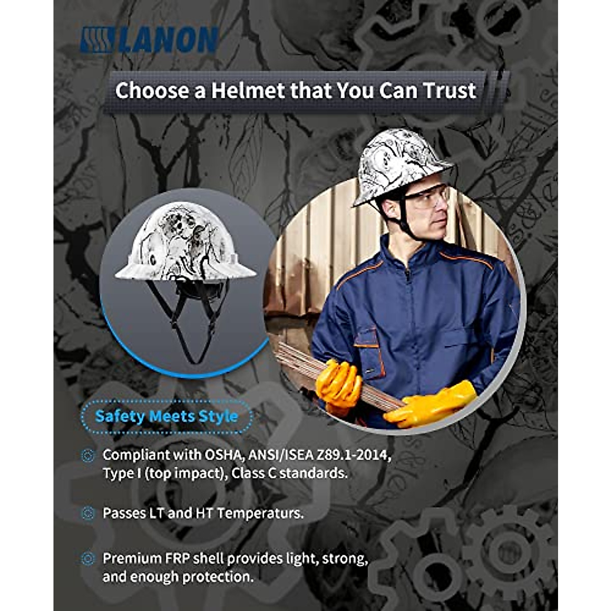 LANON Full Brim Hard Hat, OSHA Construction Work Approved, Premium Charcoal Gray Design, FRP Safety Helmet with 4 Point Adjustable Ratchet Suspension, Class C