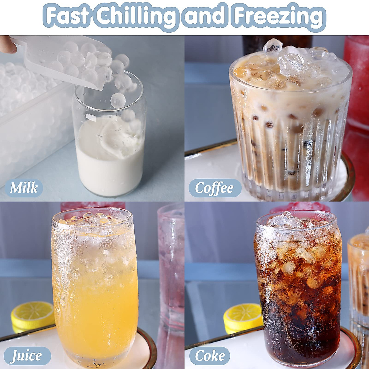 WIBIMEN Round Ice Cube Trays, Ice Ball Maker Mold for Freezer, Circle Ice Cube Tray Making 1.2in X 99PCS Sphere Ice Chilling Cocktail Whiskey Tea & Coffee(3Pack Blue Ice trays & Ice Bin & Ice tong)