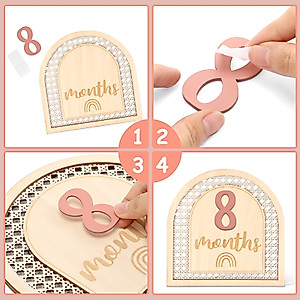 Huray Rayho Boho Rattan Monthly Photo Props Cards Wooden Bohemian Blocks Rainbow Interchangeable Photo Props with 11 Swappable Numbers Set of 12 for Baby Growth Record Baby Shower Plaques