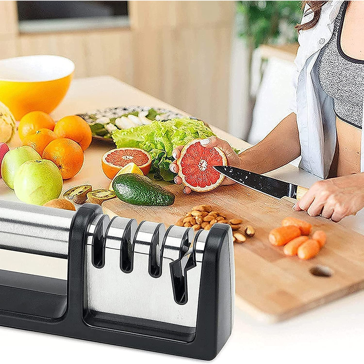 Dongng Knife Sharpeners - 4 Stage Kitchen Knife Scissor Sharpener to Repair, Restore, Sharp, Polish Blades, 4-in-1 Professional Manual Chef Steel Knife Scissor Sharpening Tool Non-slip and Portable