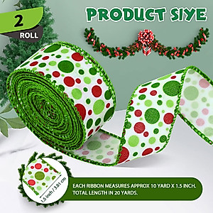 Hanaive 20 Yards Christmas Polka Dot Ribbon Xmas Wired Ribbon Christmas Tree Ribbons Decoration Green Red Polka Dot Printed Christmas Ribbons DIY Decorative for Wreaths Gifts Wrapping (1.5 Inch)