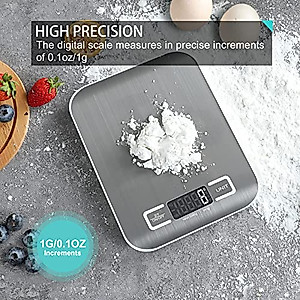 Digital Kitchen Scale,Food Scale for Meat Baking Weight,Unit Gram OZ lb Up 11 lb(1g-5KG),Silver Stainless Steel Anti-Fingerprint with Accuracy LCD Display for Cooking Black(Include AAA Battery)