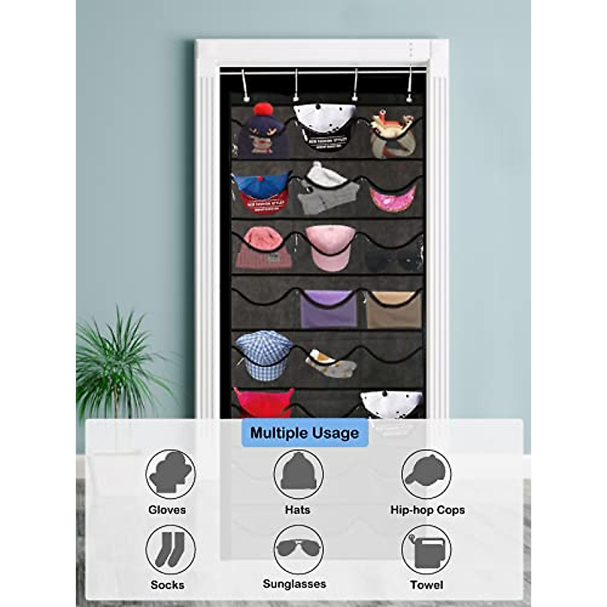 GOJUSO Hat Rack Wall Mount and 10 Adhesive Hat Hooks for Wall Over The Door with 4 Metal Hooks /4 Adhesive Hooks